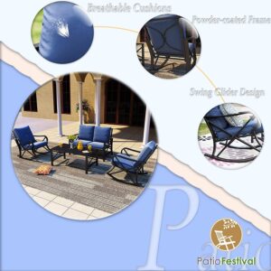 PatioFestival Patio Furniture Set Outdoor Patio Conversation Sets Modern Metal Sofa Sectionals with Rocking Chair, Loveseat and Coffee Table of Metal Frame, Cushions for Pool-Side Lawn (5 PCS, Blue)