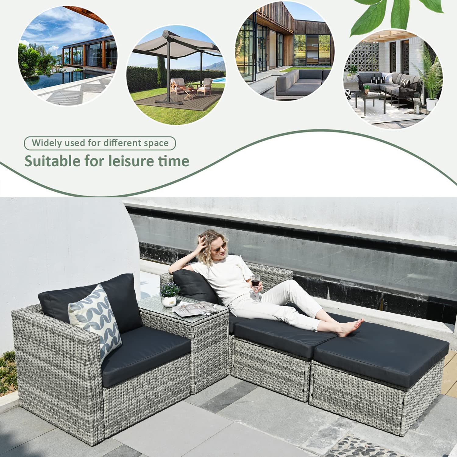 CHINNLUU Patio Furniture Set 5 Pieces Outdoor Conversation Set All-Weather Wicker Rattan Sectional Sofa with Ottoman Cushions Pillows for Lawn Pool Garden Backyard