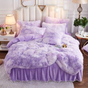 JAUXIO Luxury Abstract Faux Fur Bedding Set Tie Dye Printed Shaggy Duvet Cover with Pillow Shams Soft Crystal Velvet Reverse (Queen, Lilac)