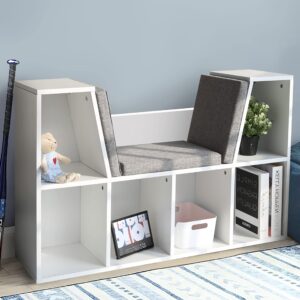 VEIKOU Kids Bookcase with Reading Nook 6-Cubby Kids Bookshelf Organizer for Kids Reading Nook, Kids Bookcase with Grey Cushion, White