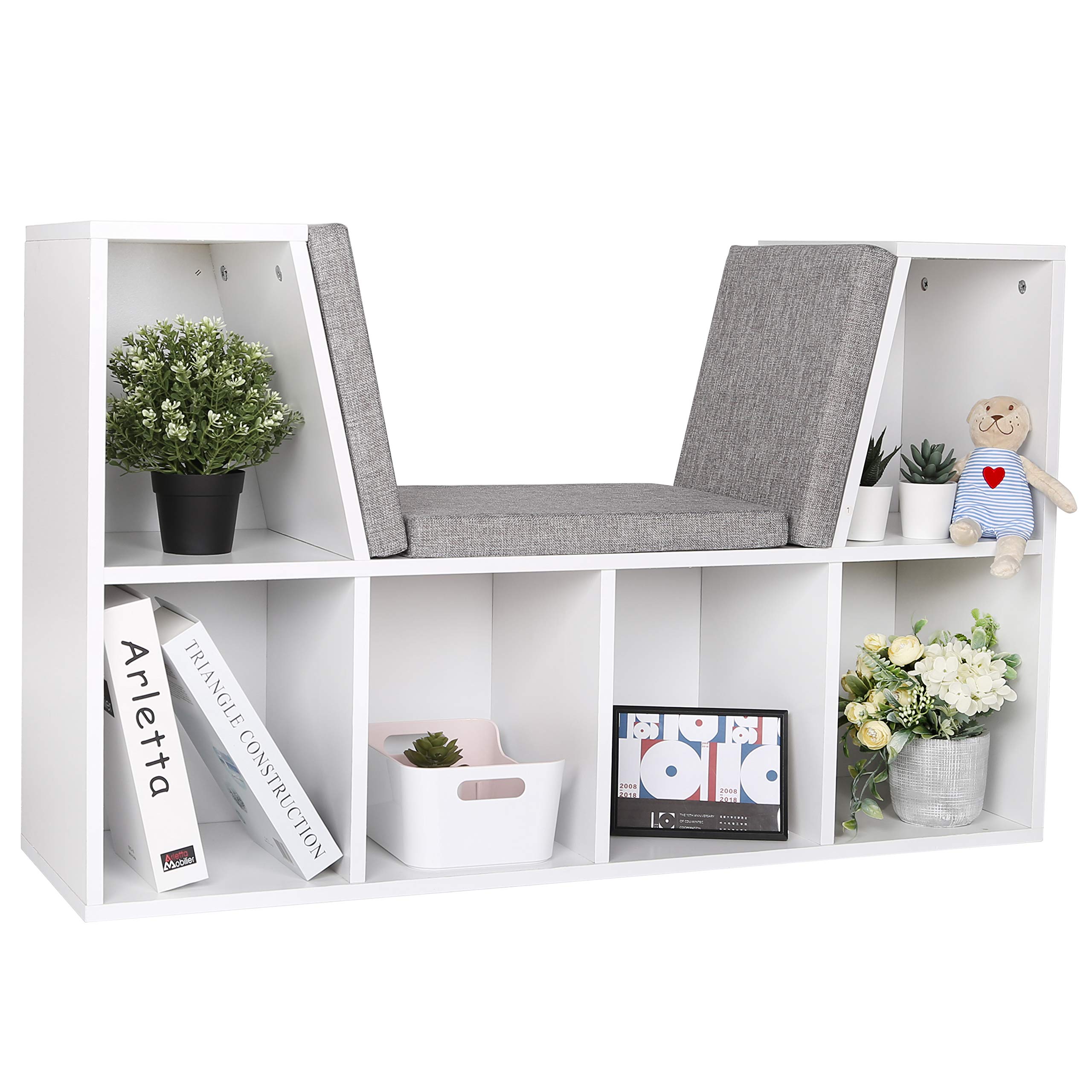 VEIKOU Kids Bookcase with Reading Nook 6-Cubby Kids Bookshelf Organizer for Kids Reading Nook, Kids Bookcase with Grey Cushion, White