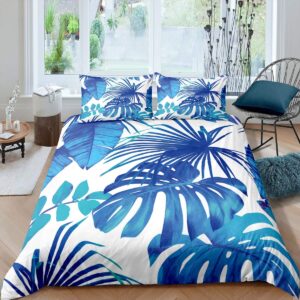 erosebridal palm leaf bedding set banana leaf duvet cover monstera tropical leaf quilt cover hawaiian blue comforter cover for adult, room decoration 1 duvet cover with 2 pillow cases king size