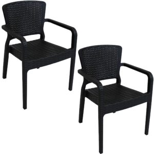 sunnydaze segonia all-weather plastic outdoor dining chair - faux wicker rattan design - commercial grade - black - 2 chairs