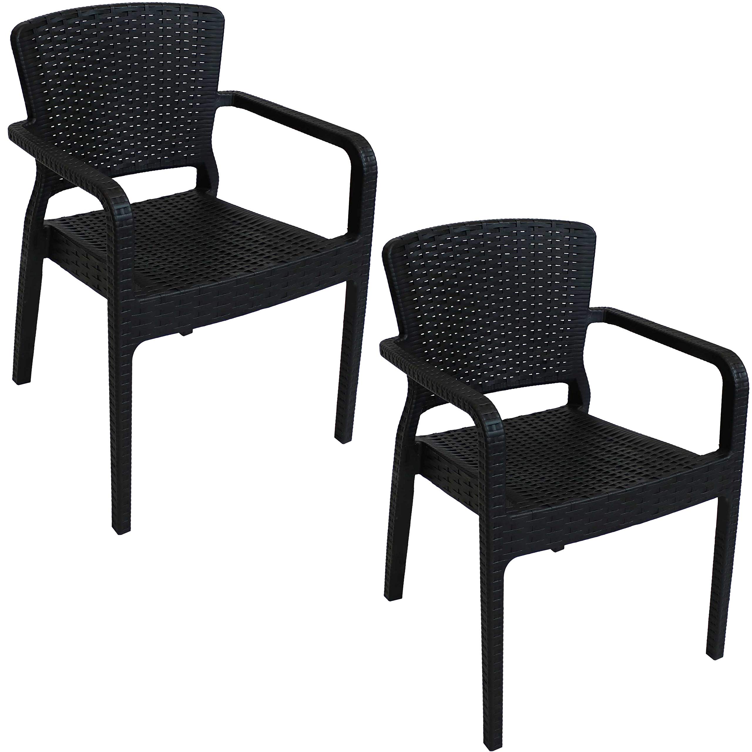 Sunnydaze Segonia All-Weather Plastic Outdoor Dining Chair - Faux Wicker Rattan Design - Commercial Grade - Black - 2 Chairs