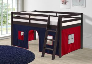 roxy pine twin junior loft bed, espresso with blue & red tent, solid wood frame, safety guardrails, flexible ladder position, ventilated playhouse underneath, fits twin mattress