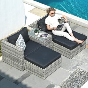 CHINNLUU Patio Furniture Set 5 Pieces Outdoor Conversation Set All-Weather Wicker Rattan Sectional Sofa with Ottoman Cushions Pillows for Lawn Pool Garden Backyard