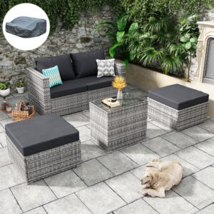 CHINNLUU Patio Furniture Set 5 Pieces Outdoor Conversation Set All-Weather Wicker Rattan Sectional Sofa with Ottoman Cushions Pillows for Lawn Pool Garden Backyard