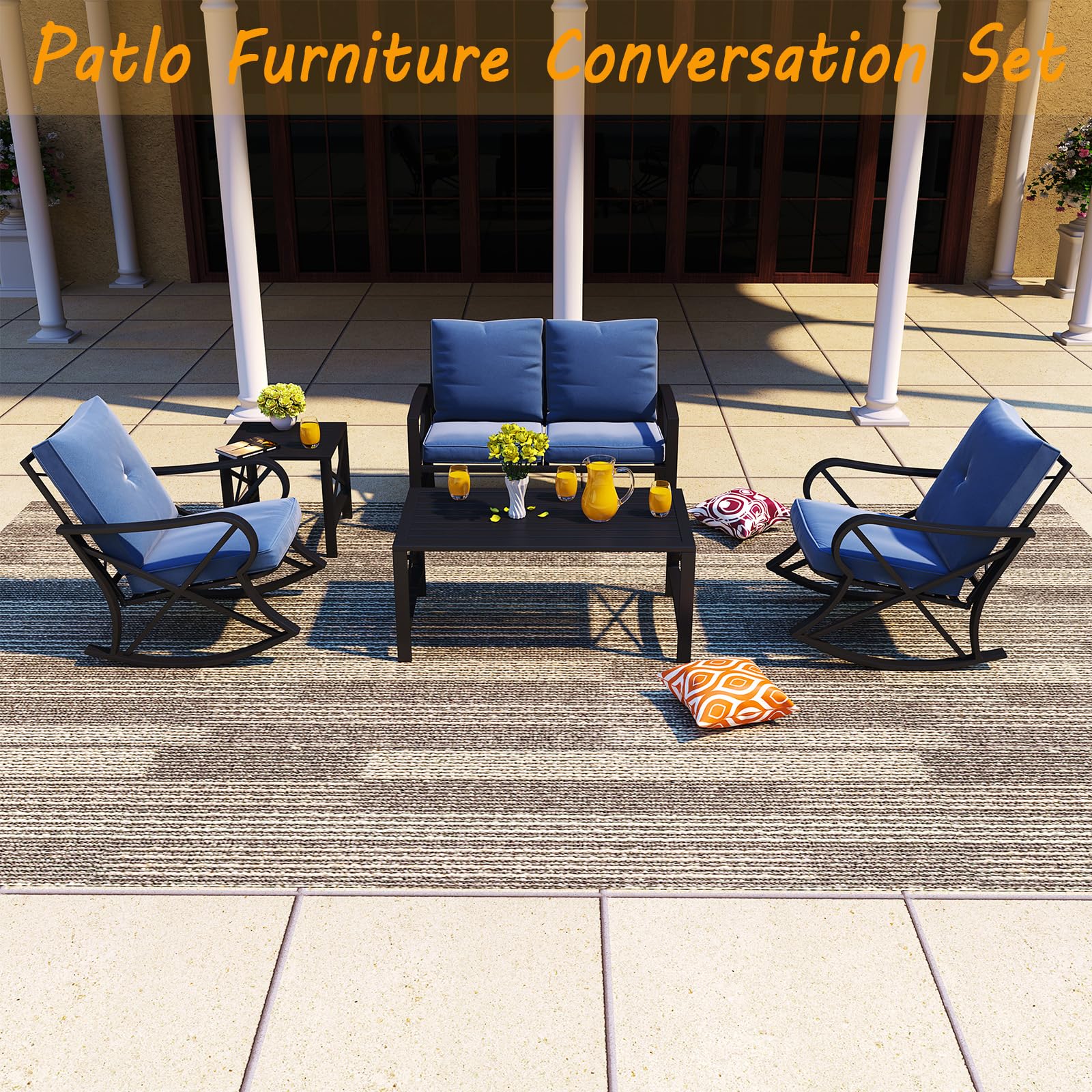 PatioFestival Patio Furniture Set Outdoor Patio Conversation Sets Modern Metal Sofa Sectionals with Rocking Chair, Loveseat and Coffee Table of Metal Frame, Cushions for Pool-Side Lawn (5 PCS, Blue)