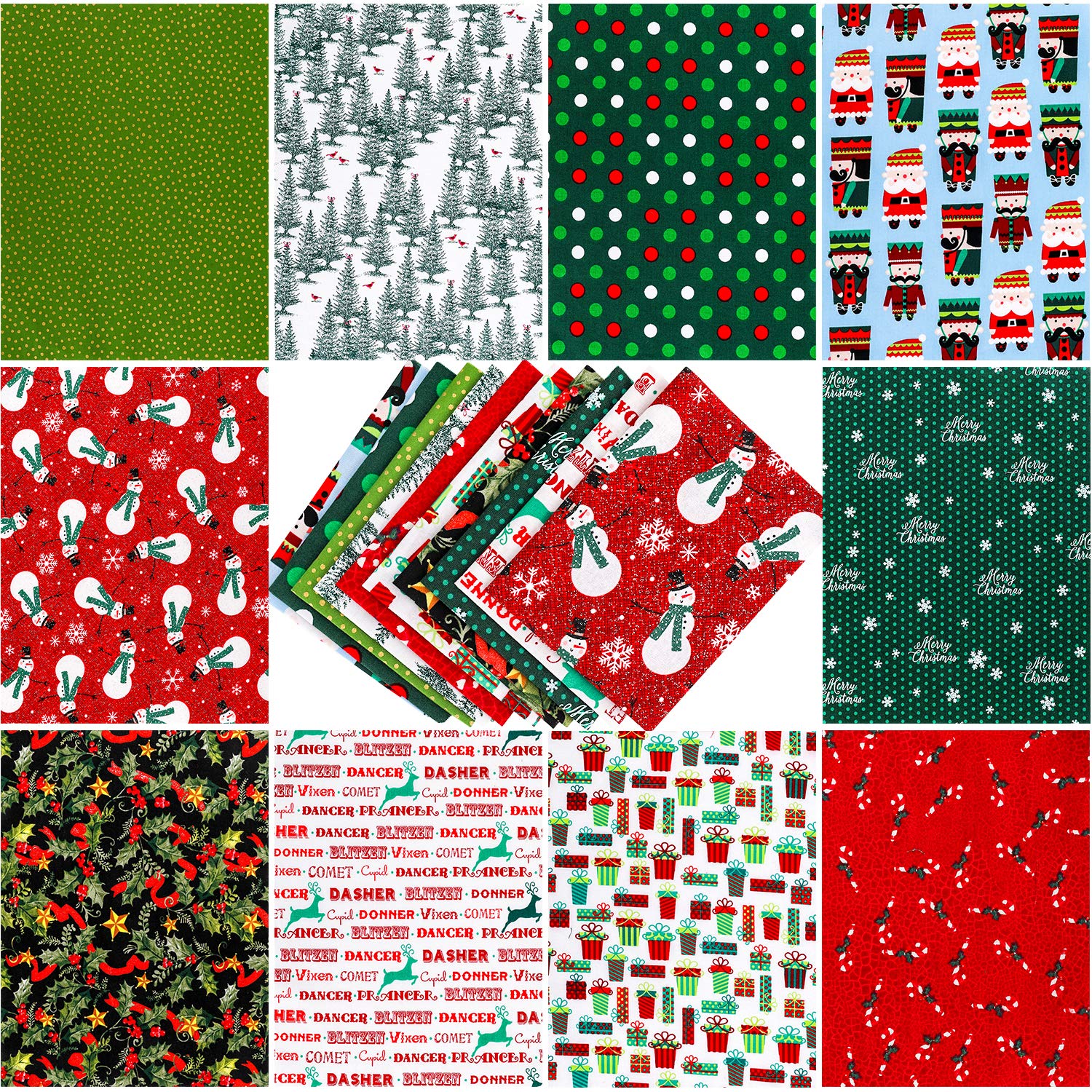 Konsait 10 Pieces 8x10'' Random Christmas Fabric Multi-Color Fabric Patchwork Cotton Mixed Squares Bundle Sewing Quilting Craft, Craft Fabric Bundle Squares Patchwork DIY Sewing Scrapbooking Quilting