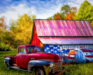 freedom is not free on barn panel with red truck david textiles al-3847-9c