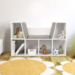 veikou kids bookcase with reading nook 6-cubby kids bookshelf organizer for kids reading nook, kids bookcase with grey cushion, white