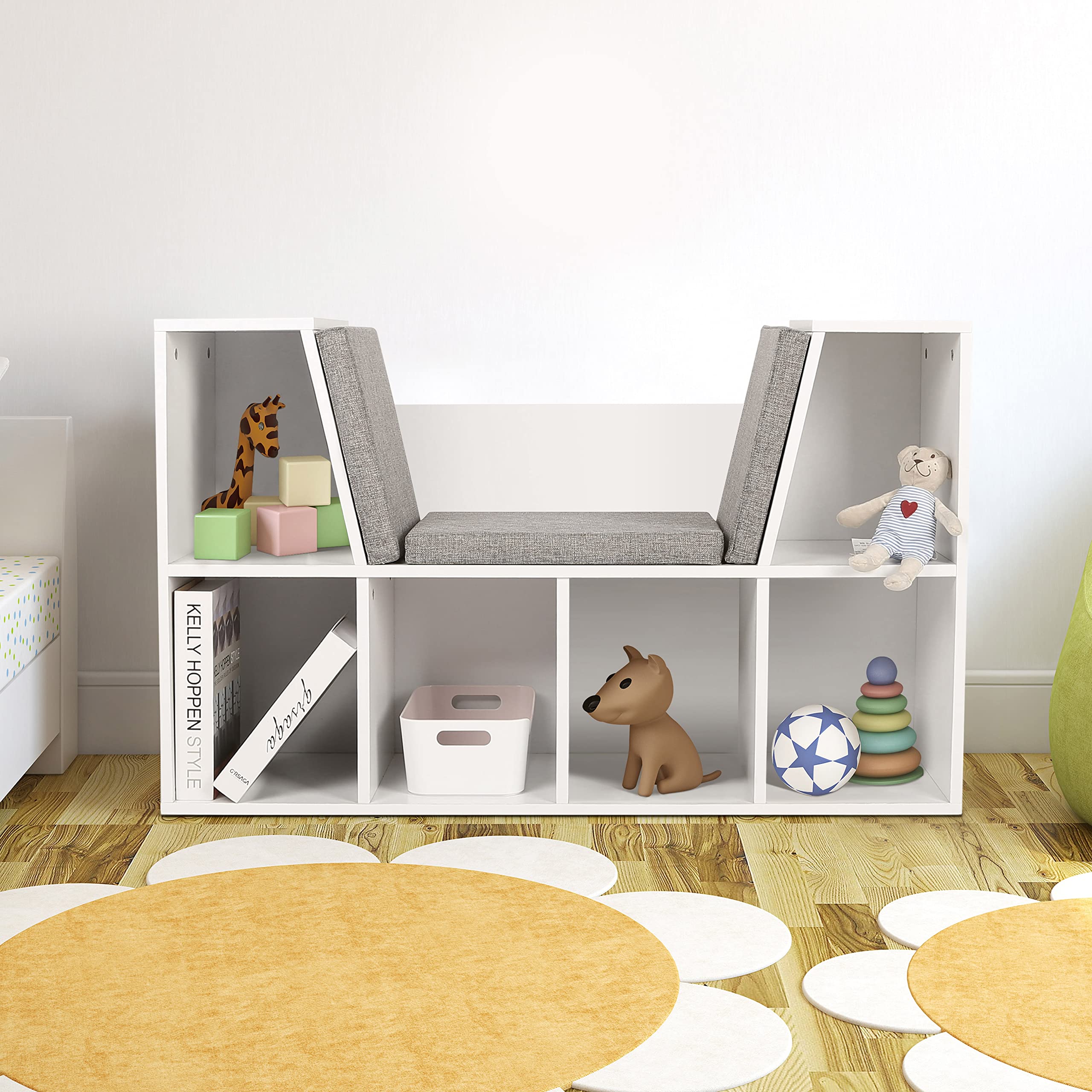 VEIKOU Kids Bookcase with Reading Nook 6-Cubby Kids Bookshelf Organizer for Kids Reading Nook, Kids Bookcase with Grey Cushion, White