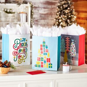 Hallmark Assorted Christmas Gift Bag Bundle (3 Extra Large 17" Gift Bags, 3 Designs) Trees, Presents, Peace, Love, Joy in Pink, Yellow, Mint Green, Gray and White