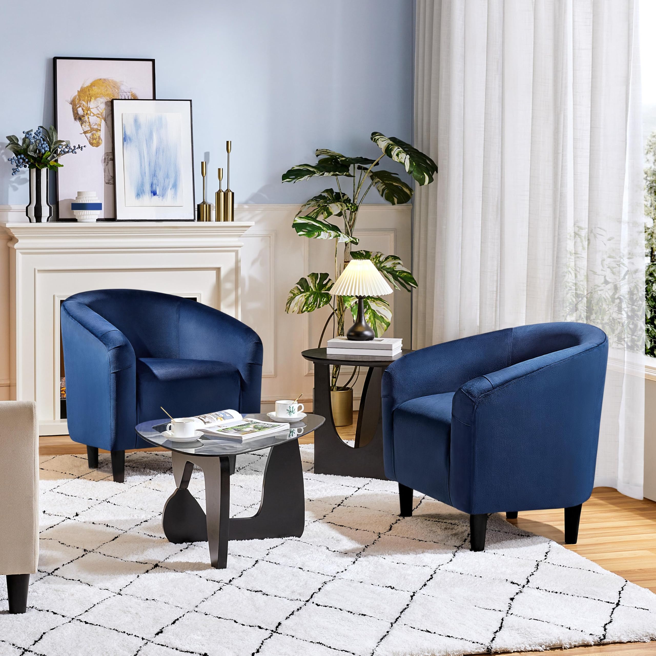 Yaheetech Velvet Club Chair, Modern Tufted Accent Chair with Armrest, Upholstered Barrel Chair with Solid Legs for Living Room/Bedroom/Study/Waiting Room, Navy Blue