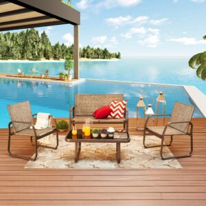 lokatse home 4 pieces patio furniture outdoor bistro conversation set with tempered glass coffee table & loveseat for poolside, porch, lawn