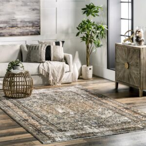 nuloom charvi distressed medallion fringe area rug - 10x14 area rug vintage beige/ivory rugs for living room bedroom dining room kitchen