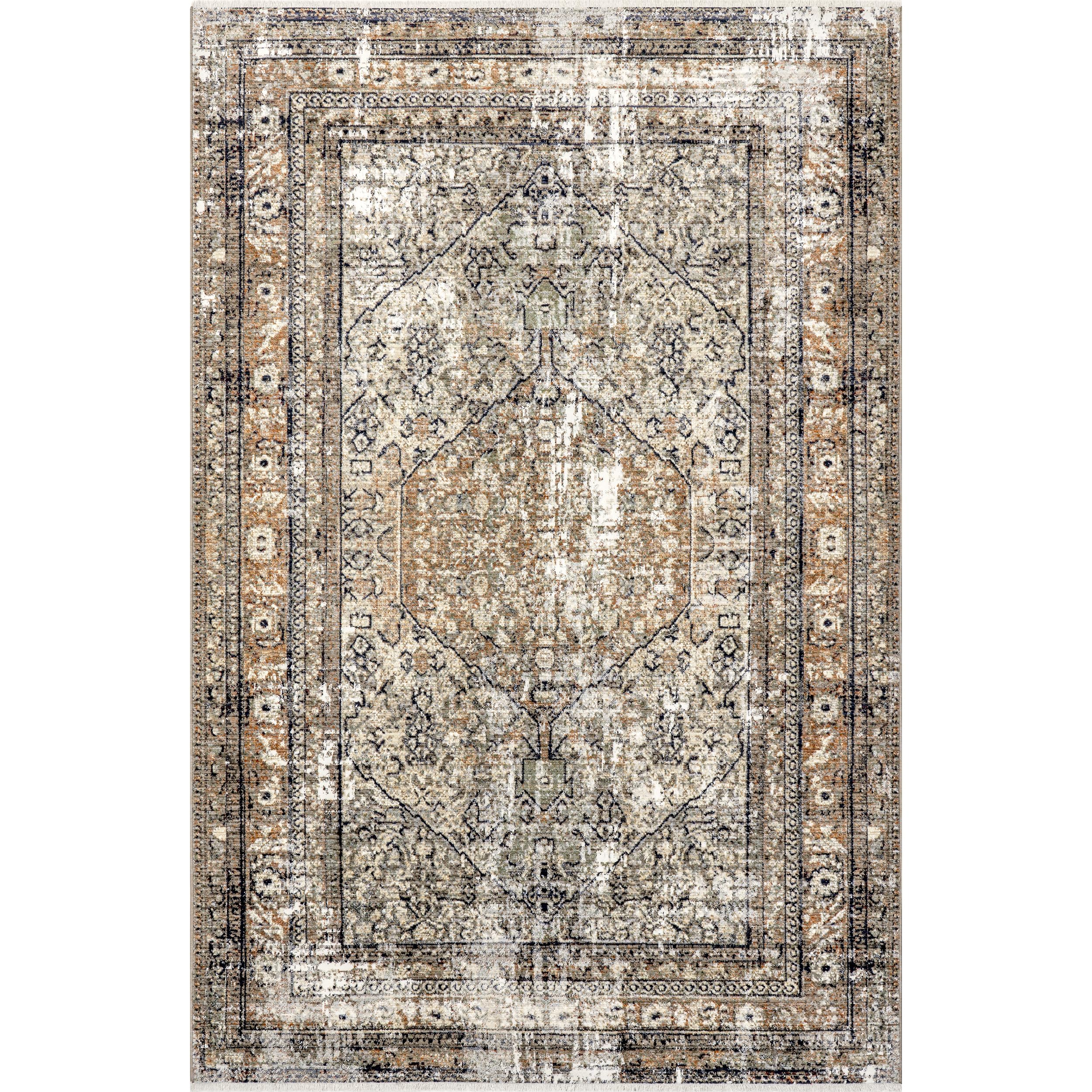 nuLOOM Charvi Distressed Medallion Fringe Area Rug - 10x14 Area Rug Vintage Beige/Ivory Rugs for Living Room Bedroom Dining Room Kitchen