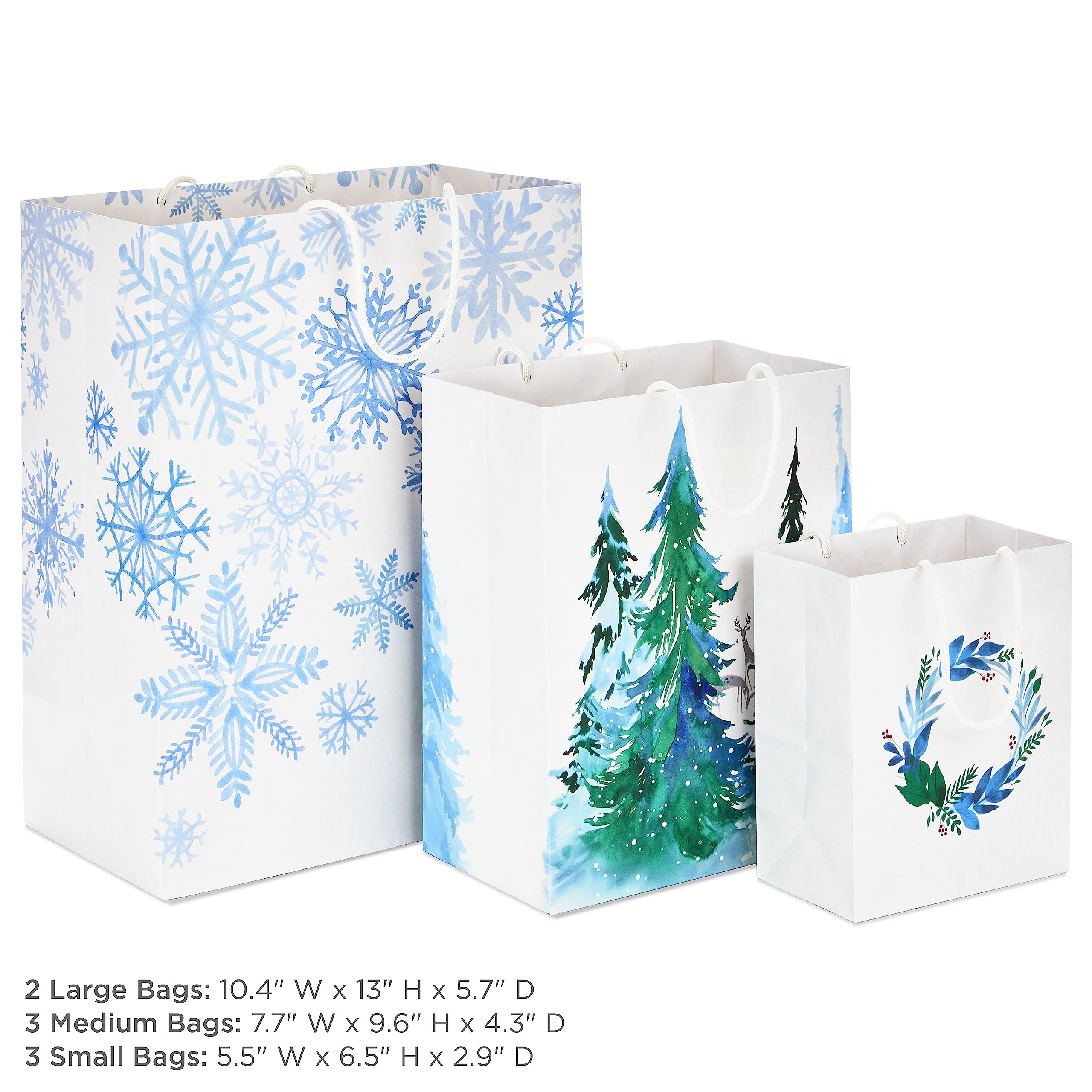 Hallmark Christmas Gift Bags - White with Wreaths, Snowflakes and Trees (8 Recyclable Bags: 3 Small 6", 3 Medium 9", 2 Large 13") for Holiday Parties, Hanukkah, Winter Weddings