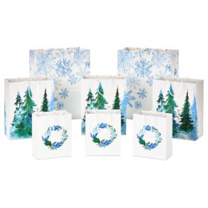 hallmark christmas gift bags - white with wreaths, snowflakes and trees (8 recyclable bags: 3 small 6", 3 medium 9", 2 large 13") for holiday parties, hanukkah, winter weddings