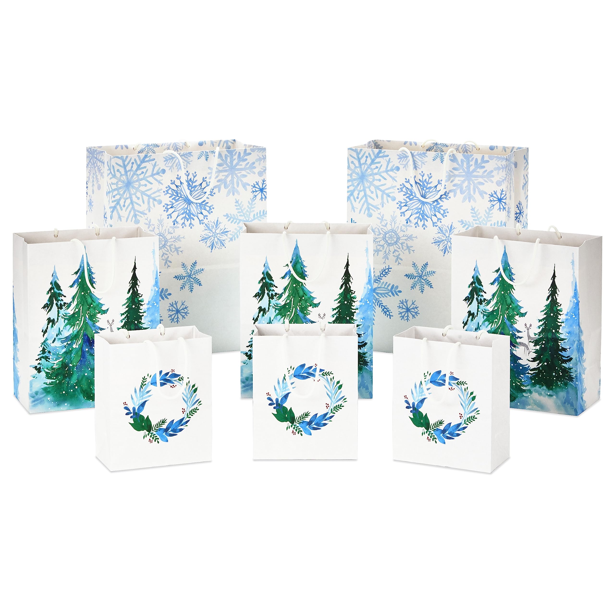 Hallmark Christmas Gift Bags - White with Wreaths, Snowflakes and Trees (8 Recyclable Bags: 3 Small 6", 3 Medium 9", 2 Large 13") for Holiday Parties, Hanukkah, Winter Weddings