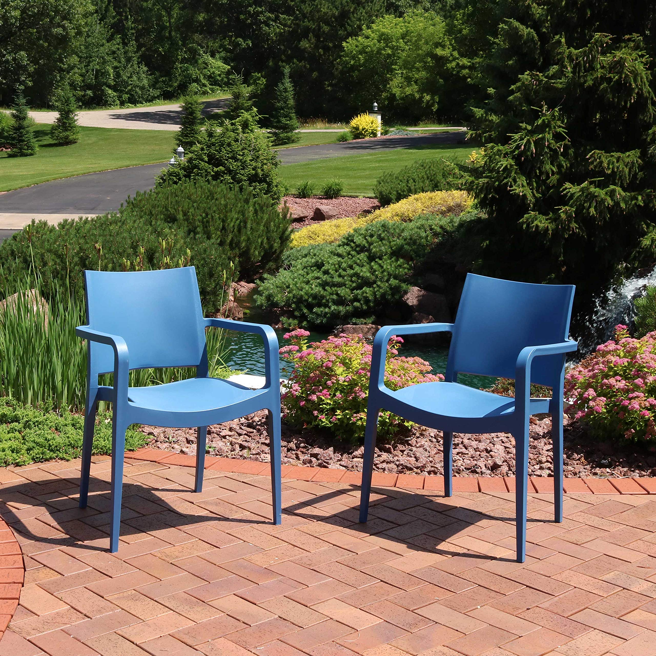 Sunnydaze Landon All-Weather Plastic Indoor and Outdoor Dining Armchair - Commercial Grade - Sax Blue - 2 Chairs