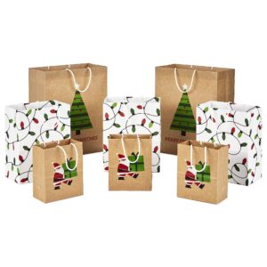 hallmark christmas gift bags for kids (8 bags: 3 small 6", 3 medium 9", 2 large 13") recyclable kraft with santa, lights and tree