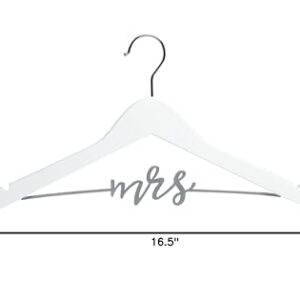 Pearhead Mrs. Wedding Dress Hanger for Bride to Be - Elegant Bridal Hanger, Ideal Keepsake for Wedding Day Photos and Gift for Bride, Wooden Hanger with Cursive Wire Lettering, White and Silver