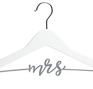 Pearhead Mrs. Wedding Dress Hanger for Bride to Be - Elegant Bridal Hanger, Ideal Keepsake for Wedding Day Photos and Gift for Bride, Wooden Hanger with Cursive Wire Lettering, White and Silver