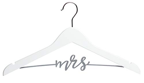 Pearhead Mrs. Wedding Dress Hanger for Bride to Be - Elegant Bridal Hanger, Ideal Keepsake for Wedding Day Photos and Gift for Bride, Wooden Hanger with Cursive Wire Lettering, White and Silver