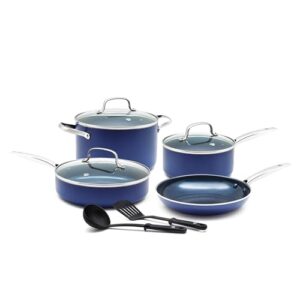 blue diamond 9 piece cookware set, diamond infused pfas & pfoa-free ceramic nonstick pots and pans, durable nontoxic metal utensil safe & scratch resistant, dishwasher & oven safe, blue