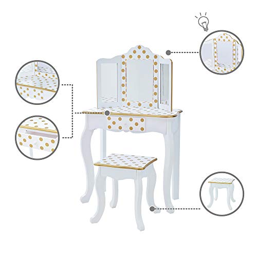 Fantasy Fields Teamson Kids Pretend Play Kids Vanity Table and Chair Vanity Set with LED Mirror Makeup Dressing Table with Drawer Fashion Polka Dot Prints Gisele Play Vanity Set White/Gold