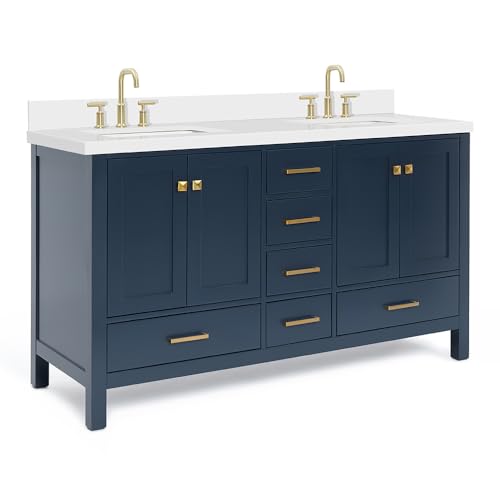 ARIEL Double Bathroom Vanity 61" Midnight Blue, 1.5" Edge Pure White Quartz Countertop & Splash, Rectangular Sinks, 4 Soft Closing Doors, 6 Full Extension Dovetail Drawers, Satin Brass