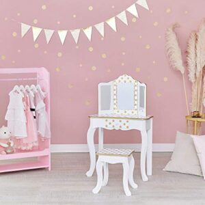 Fantasy Fields Teamson Kids Pretend Play Kids Vanity Table and Chair Vanity Set with LED Mirror Makeup Dressing Table with Drawer Fashion Polka Dot Prints Gisele Play Vanity Set White/Gold