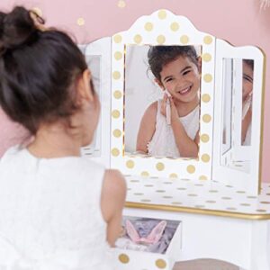 Fantasy Fields Teamson Kids Pretend Play Kids Vanity Table and Chair Vanity Set with LED Mirror Makeup Dressing Table with Drawer Fashion Polka Dot Prints Gisele Play Vanity Set White/Gold