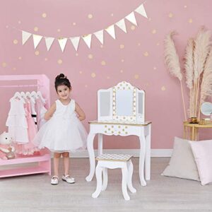 Fantasy Fields Teamson Kids Pretend Play Kids Vanity Table and Chair Vanity Set with LED Mirror Makeup Dressing Table with Drawer Fashion Polka Dot Prints Gisele Play Vanity Set White/Gold