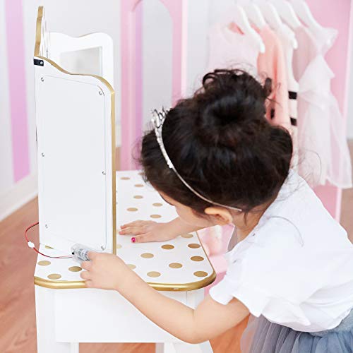 Fantasy Fields Teamson Kids Pretend Play Kids Vanity Table and Chair Vanity Set with LED Mirror Makeup Dressing Table with Drawer Fashion Polka Dot Prints Gisele Play Vanity Set White/Gold