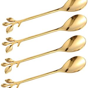 6pcs Stainless Steel Gold Leaf Coffee Spoon Creative Tableware Dessert Spoons,Tea Sugar Spoons Spoon Set for Ice Cream or Cake, Tea Spoon Set (Gold, 6)