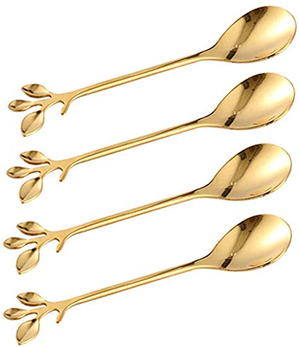 6pcs Stainless Steel Gold Leaf Coffee Spoon Creative Tableware Dessert Spoons,Tea Sugar Spoons Spoon Set for Ice Cream or Cake, Tea Spoon Set (Gold, 6)