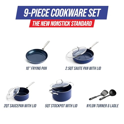 Blue Diamond 9 Piece Cookware Set, Diamond Infused PFAS & PFOA-Free Ceramic Nonstick Pots and Pans, Durable Nontoxic Metal Utensil Safe & Scratch Resistant, Dishwasher & Oven Safe, Blue