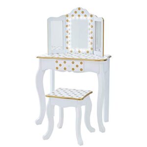 fantasy fields teamson kids pretend play kids vanity table and chair vanity set with led mirror makeup dressing table with drawer fashion polka dot prints gisele play vanity set white/gold