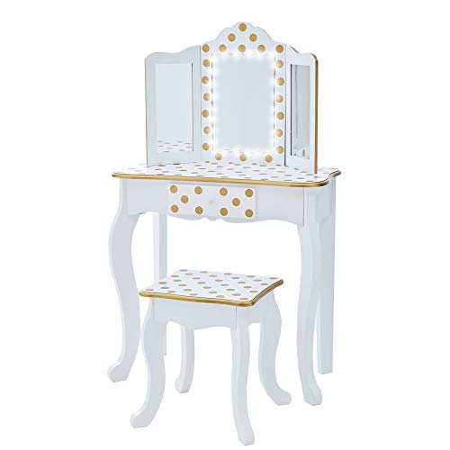 Fantasy Fields Teamson Kids Pretend Play Kids Vanity Table and Chair Vanity Set with LED Mirror Makeup Dressing Table with Drawer Fashion Polka Dot Prints Gisele Play Vanity Set White/Gold