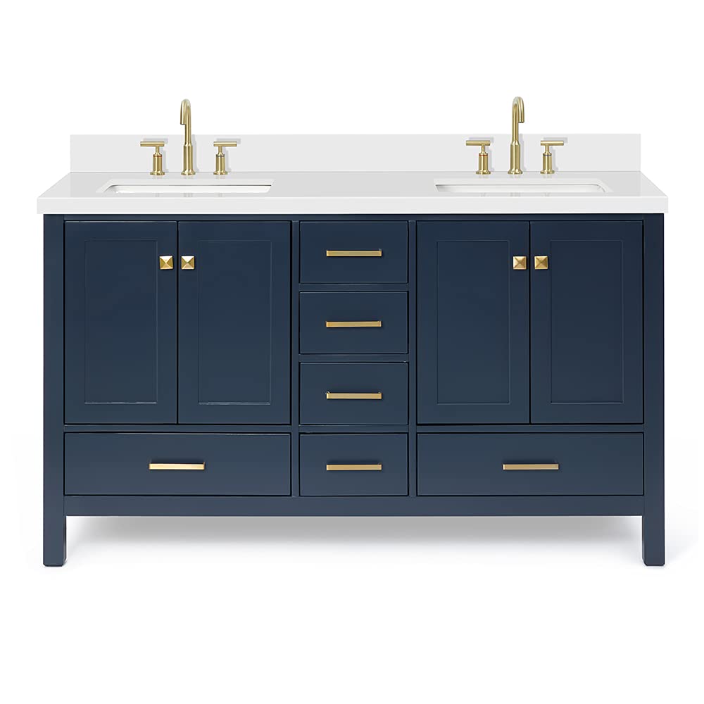 ARIEL Double Bathroom Vanity 61" Midnight Blue, 1.5" Edge Pure White Quartz Countertop & Splash, Rectangular Sinks, 4 Soft Closing Doors, 6 Full Extension Dovetail Drawers, Satin Brass