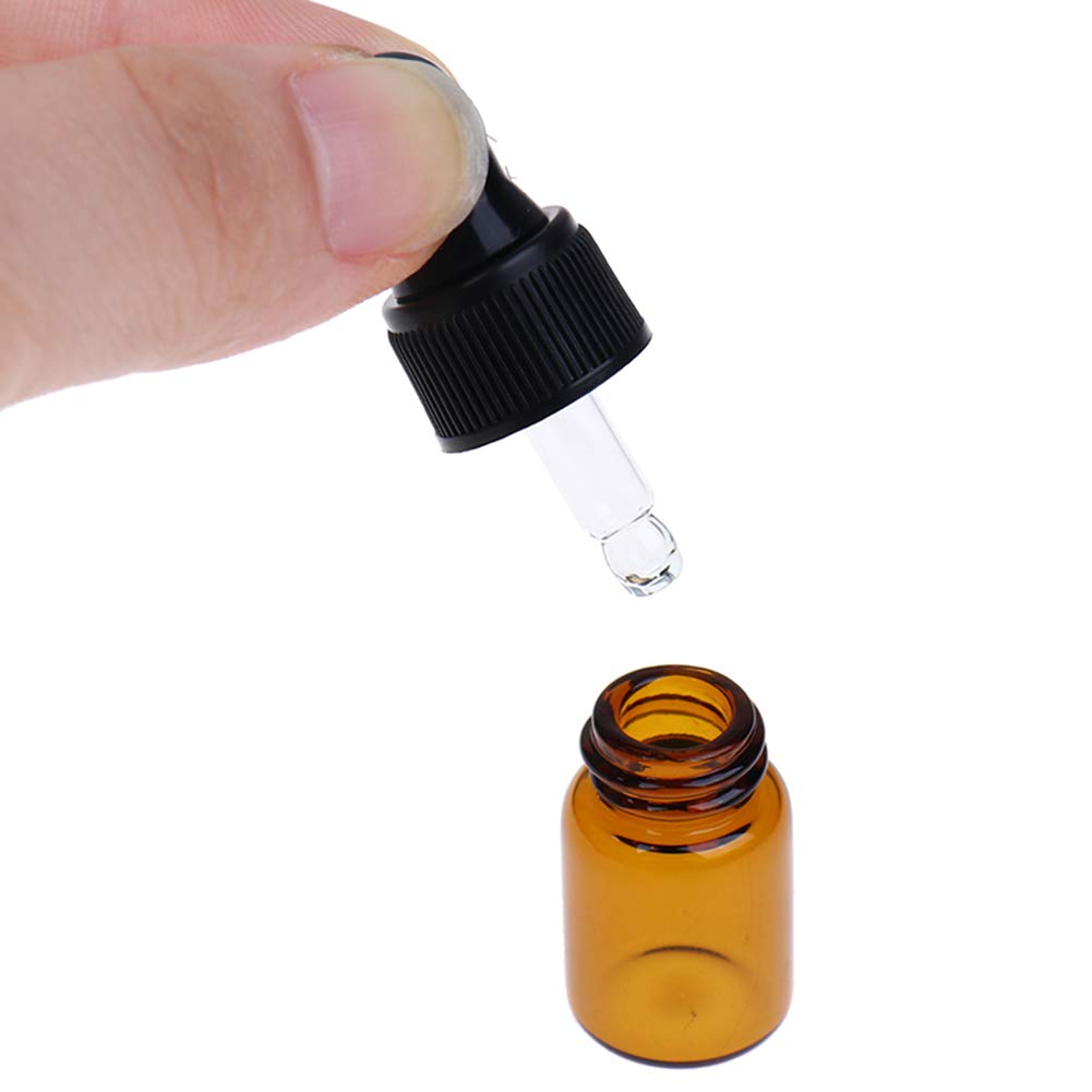 ConStore 100pcs Amber Glass Dropper Bottle Small Essential Oil Bottle with Glass Eye Dropper Empty Mini Lotion Dropper Vials Refillable Perfume Sample Vial Containers+2pcs dropper (1ml)