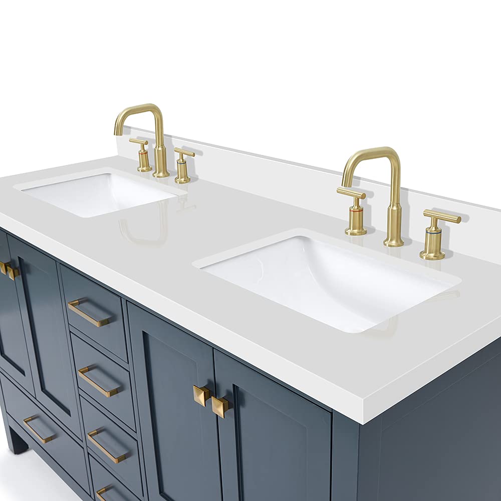 ARIEL Double Bathroom Vanity 61" Midnight Blue, 1.5" Edge Pure White Quartz Countertop & Splash, Rectangular Sinks, 4 Soft Closing Doors, 6 Full Extension Dovetail Drawers, Satin Brass