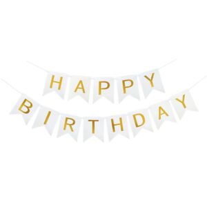 white happy birthday banner with shiny gold letters, swallowtail design hanging signs party decorations