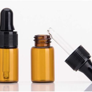 ConStore 100pcs Amber Glass Dropper Bottle Small Essential Oil Bottle with Glass Eye Dropper Empty Mini Lotion Dropper Vials Refillable Perfume Sample Vial Containers+2pcs dropper (1ml)