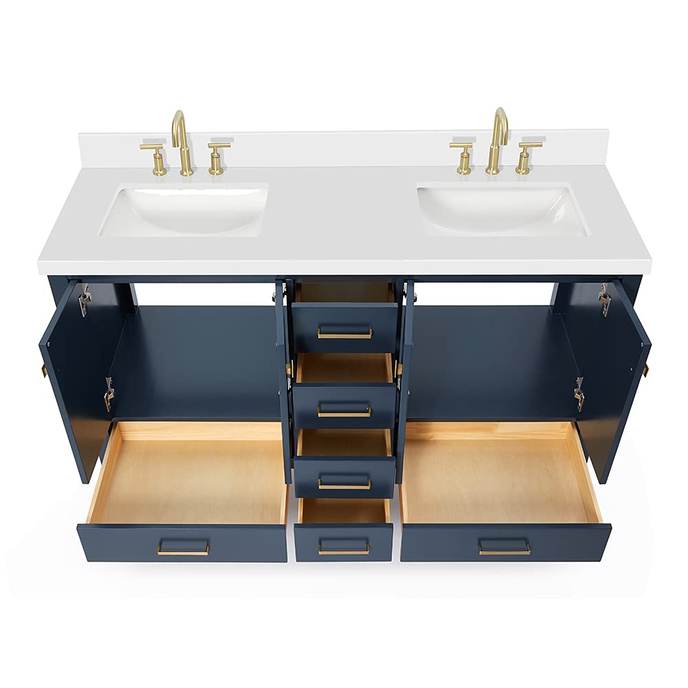 ARIEL Double Bathroom Vanity 61" Midnight Blue, 1.5" Edge Pure White Quartz Countertop & Splash, Rectangular Sinks, 4 Soft Closing Doors, 6 Full Extension Dovetail Drawers, Satin Brass