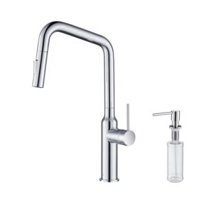 kibi macon single handle pull down faucet for kitchen sink with soap dispenser | solid brass high arc faucet spout | 360 degree swivel kitchen faucet with pull down sprayer | chrome finish (kkf2007)