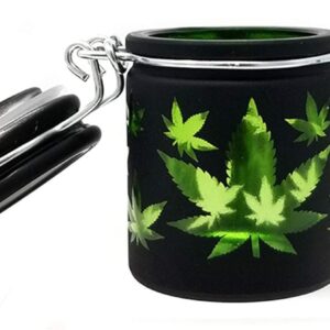 Airtight Glass Herb Mini Stash Jar with Clamping Lid in Choice of Design (Black Frosted with Green Leaf)