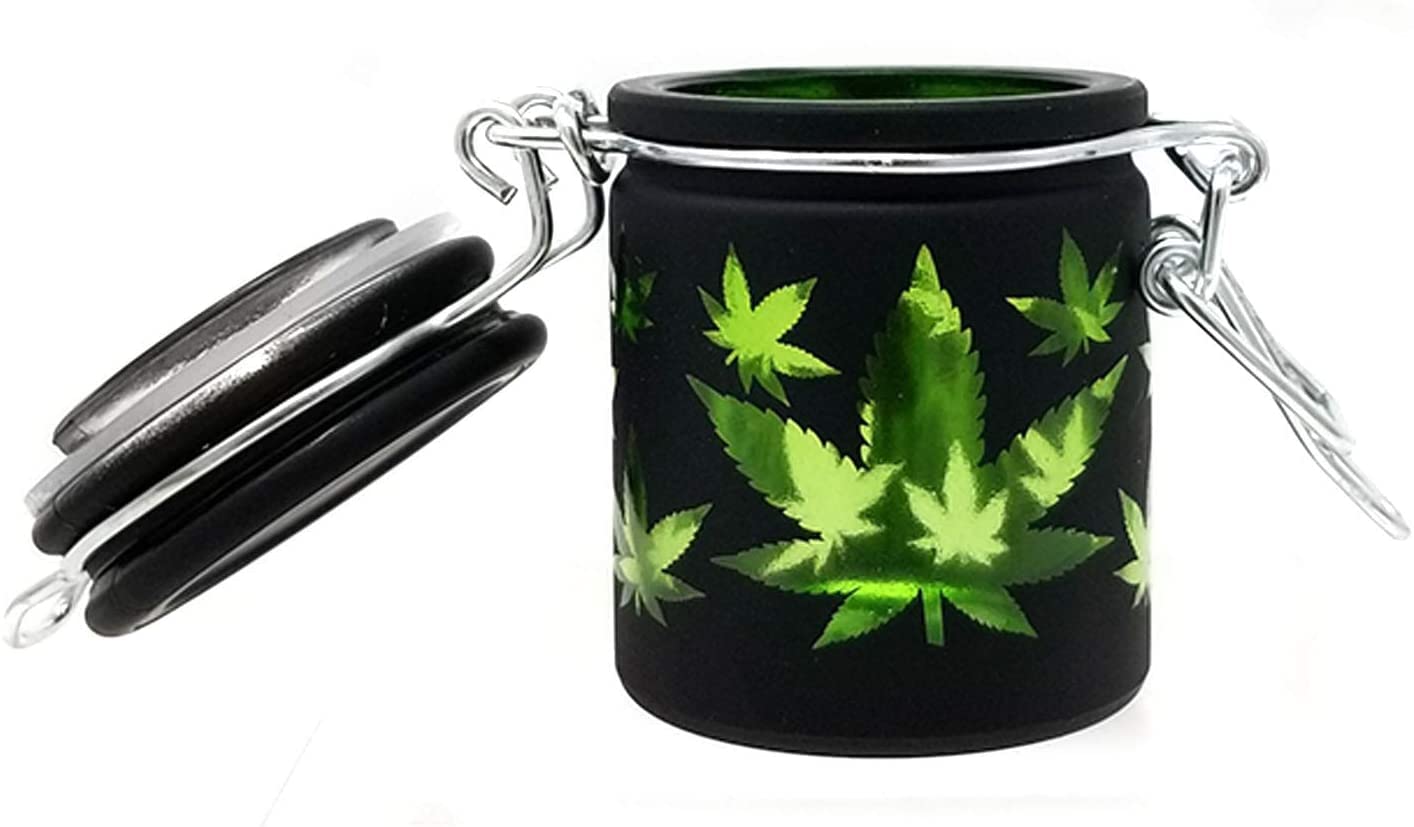 Airtight Glass Herb Mini Stash Jar with Clamping Lid in Choice of Design (Black Frosted with Green Leaf)